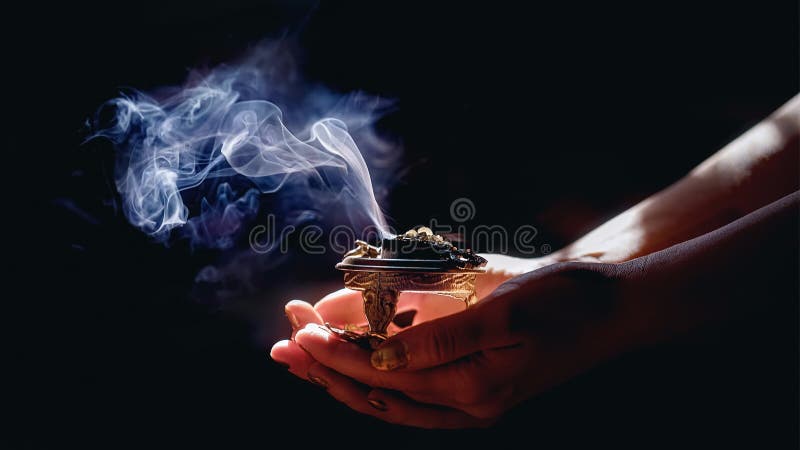Incense in a Woman Hand, Incense Smoke on a Black Background. Stock ...