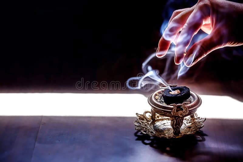 Incense in a Woman Hand, Incense Smoke, Painting Effect. Stock Photo ...