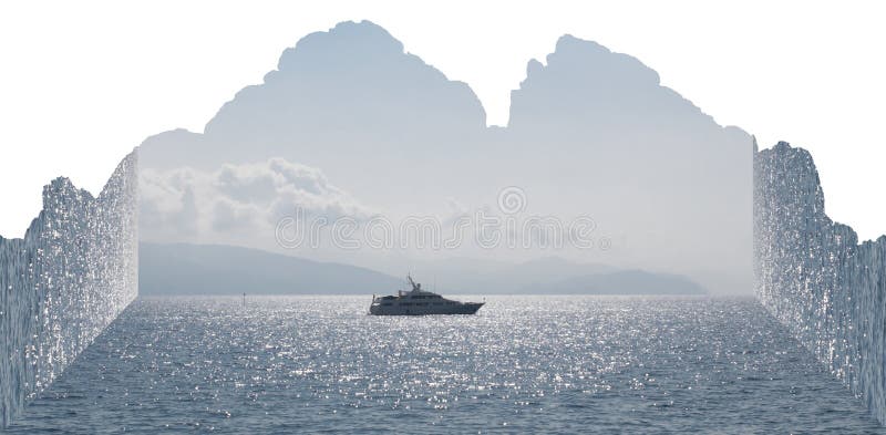 Inception Effect. Manipulation. Boat on the Sea. Mountains Stock ...