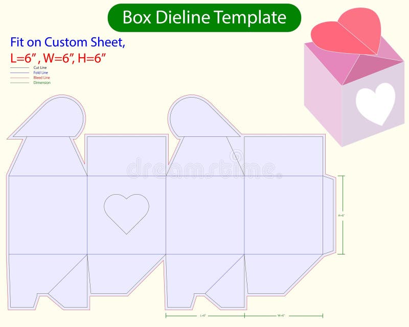 6 Inch Square Auto Lock Box Heard Shape Flap Dieline Template Stock ...