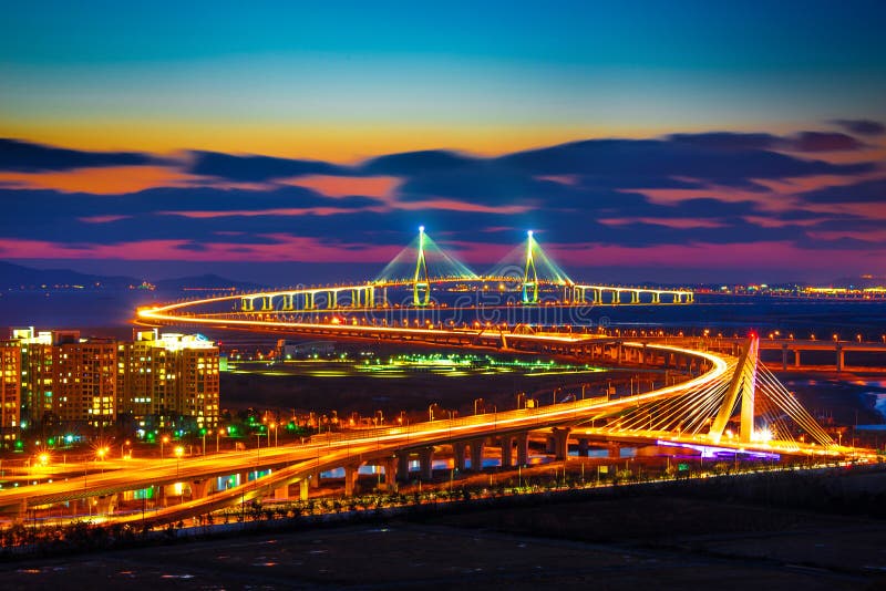 Incheon bridge in korea. stock image. Image of illuminated - 64558751