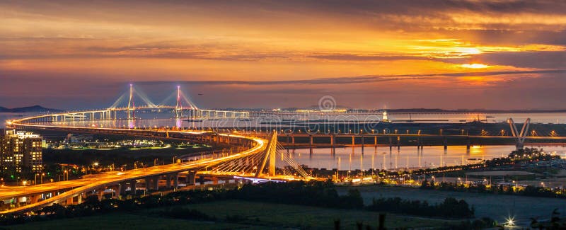 Incheon Bridge and Sunset stock image. Image of dusk - 45157267