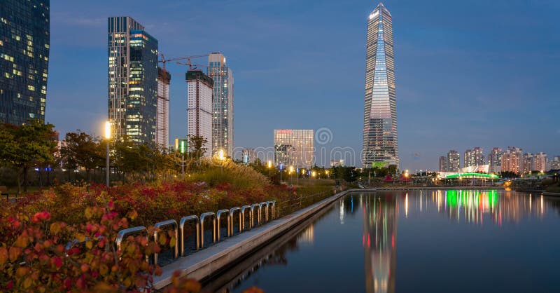 Incheon at night editorial photo. Image of construction - 45683361