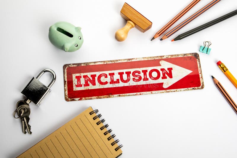 Inclusion. Red Direction Arrow with Text on White Office Desk Stock ...
