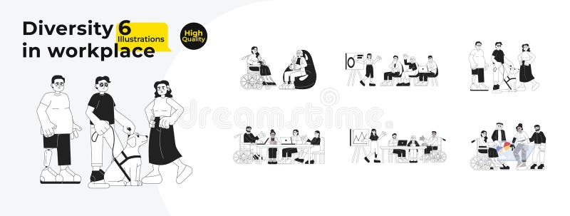 Inclusion in Workplace Black and White Cartoon Flat Illustration Bundle ...
