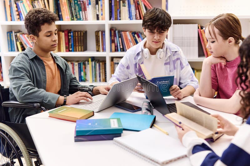 Inclusive Group of Students Doing Homework in Library Stock Image ...