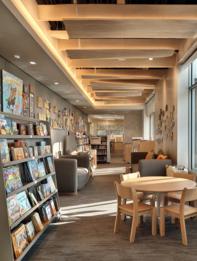 Inclusive Library Space with Soft Lighting and Diverse Book Displays ...