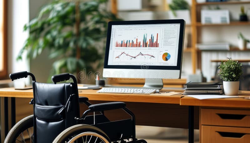 Inclusive Office Workspace with Wheelchair and Data Analytics Stock ...