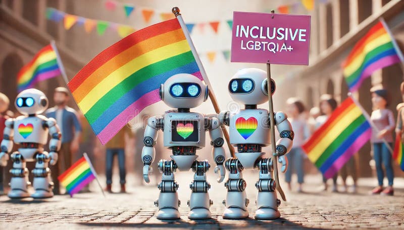 Inclusive Robots at LGBTQIA+ Protest Holding Flag and Sign Stock ...