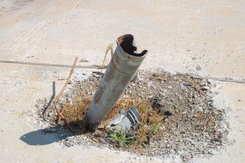 Incoming and Exploding MLRS Projectile in Road with Concrete Surface ...
