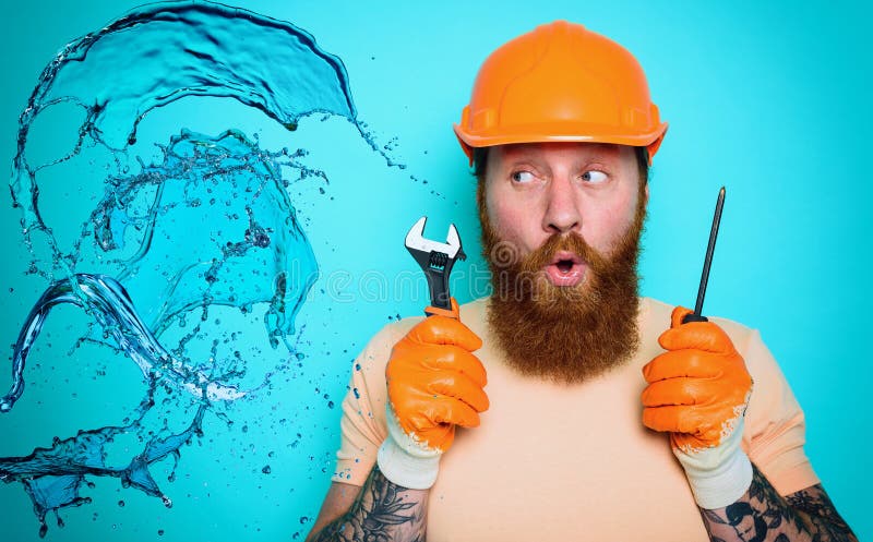 Incompetent Worker Plumber is Unsure about His Work. Cyan Background ...