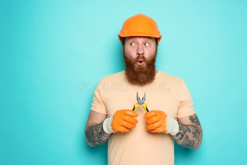 Incompetent Worker is Unsure about His Work. Cyan Background Stock ...