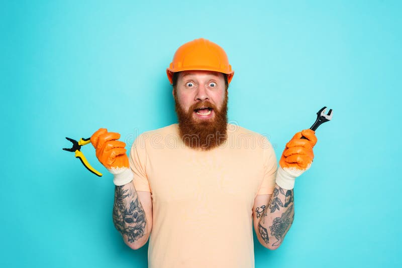 Incompetent Worker is Unsure about His Work. Cyan Background Stock ...