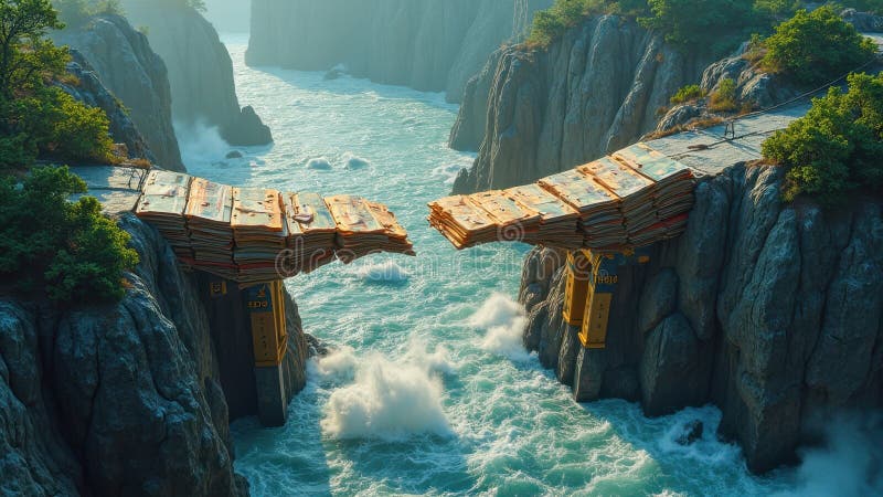 Incomplete Bridge Over Rocky Gorge with Raging River and Misty ...