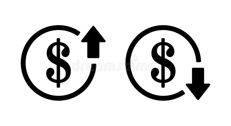 Increase and Decrease Dollar Price Icon Isolated on White Background. Rise and Fall Currency ...