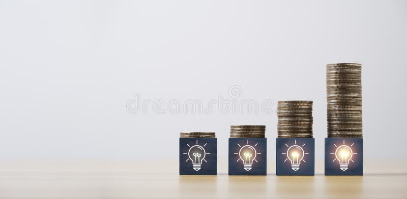 Increasing Coins Stacking on Glowing Lightbulb Icon for Problem Solving ...