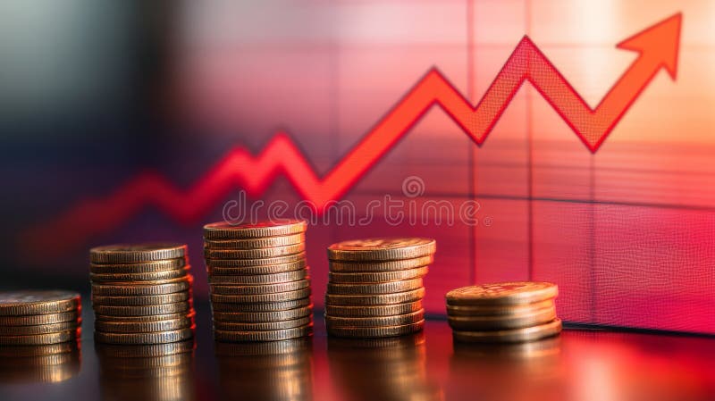 Increasing Stacks of Coins with Upward Trending Red Arrow on Chart ...