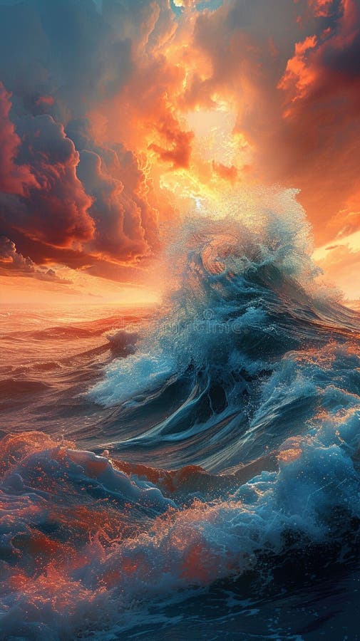 Incredible Beautiful Sunset in the Ocean with Small Waves. Generative ...