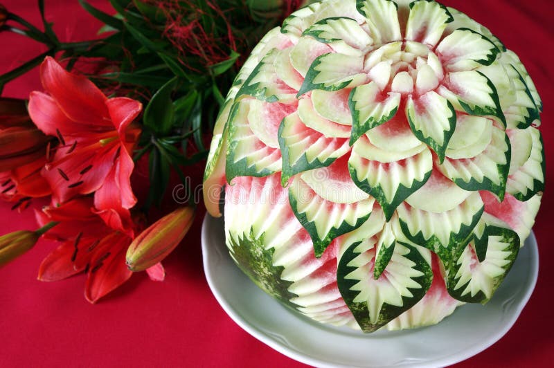 Incredible Carved Watermelon Present and Flowers Stock Photo - Image of ...