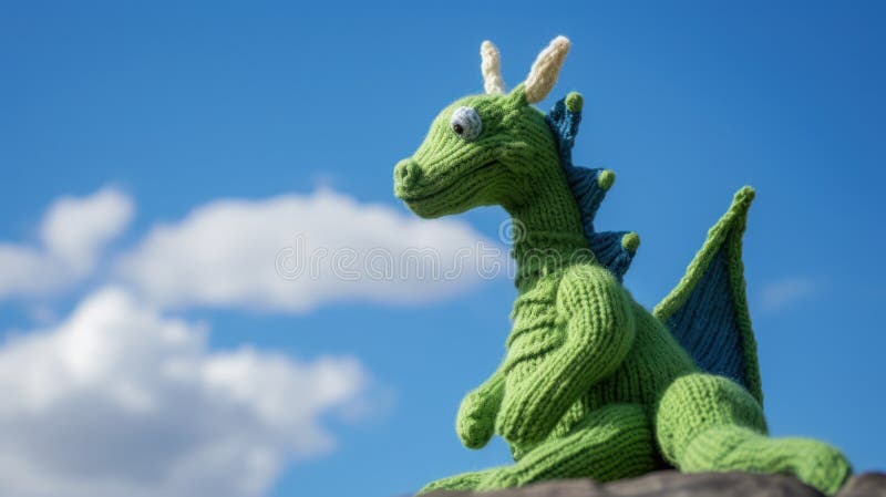 Incredible Knitted Dragon on a Green Hill and Blue Sky AI Generated ...