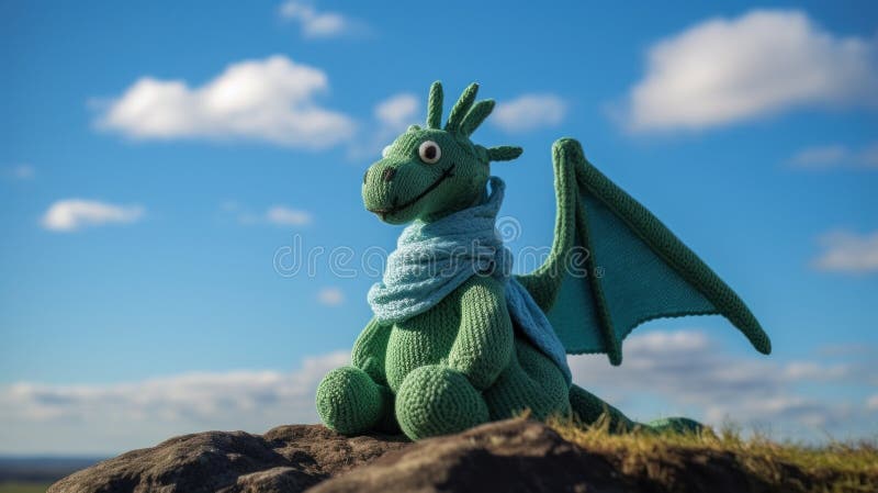 Incredible Knitted Dragon on Green Hill and Blue Sky AI Generated Stock ...