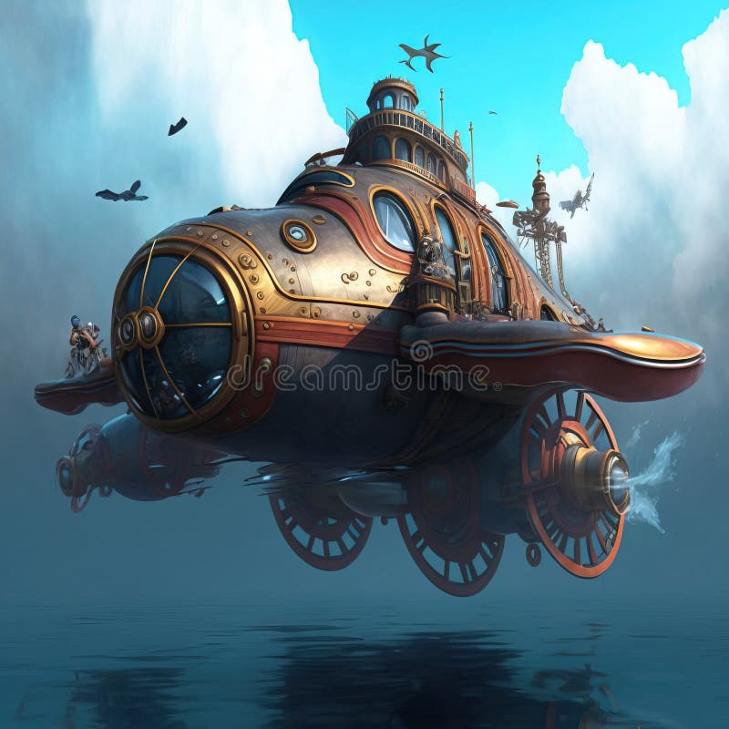 Incredible Major Steampunk Balloon Floating Above Water Surface ...