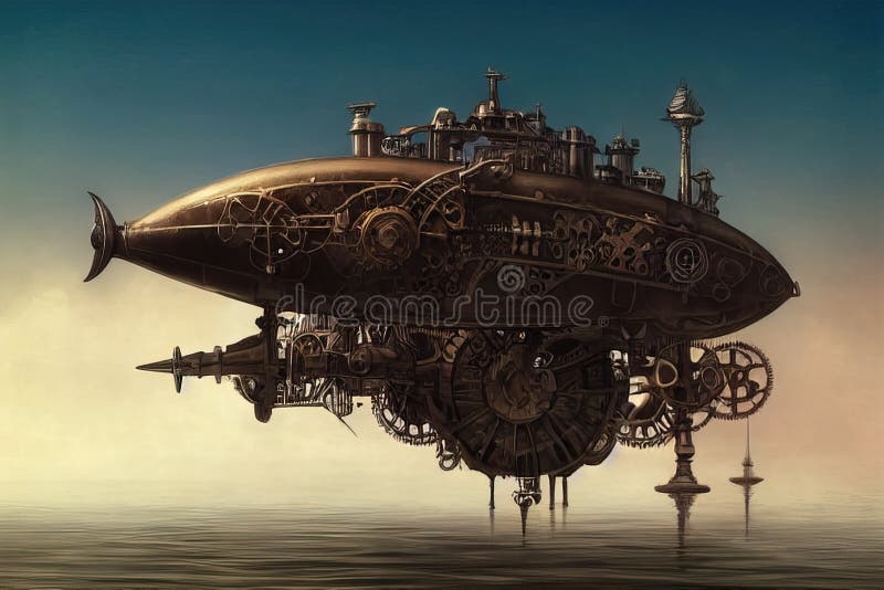 Incredible Major Steampunk Balloon Floating Above Water Surface ...