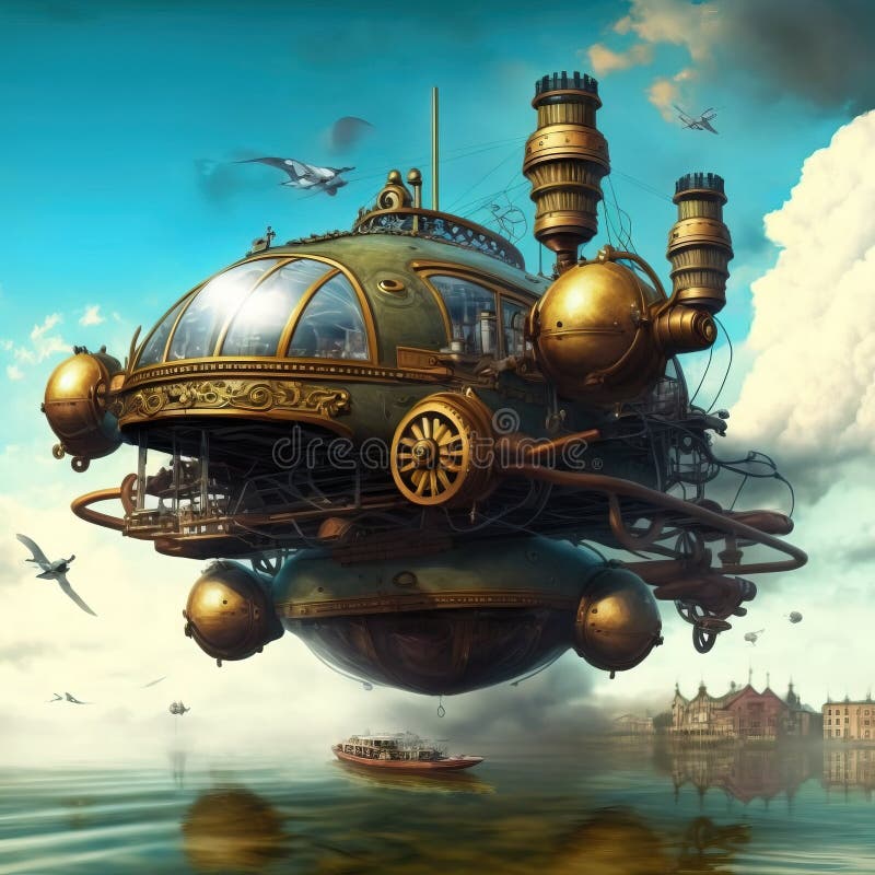 Incredible Major Steampunk Balloon Floating Above Water Surface ...