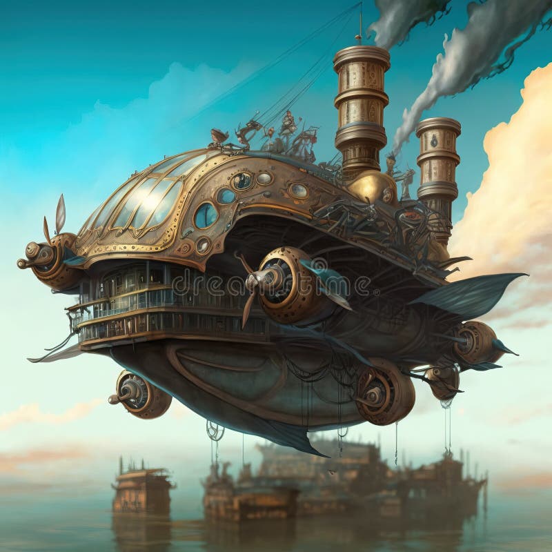 Incredible Major Steampunk Balloon Floating Above Water Surface ...