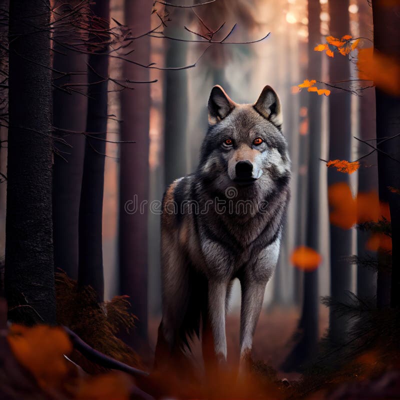 Incredible Wolf in the Autumn Forest on Sunset Time. Generative AI ...
