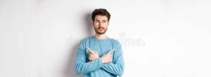 Indecisive Man Making Choice, Pointing Fingers Sideways at Two Variants ...