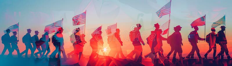 Independence Day Parade, Patriotic March with Flags Double Exposure ...