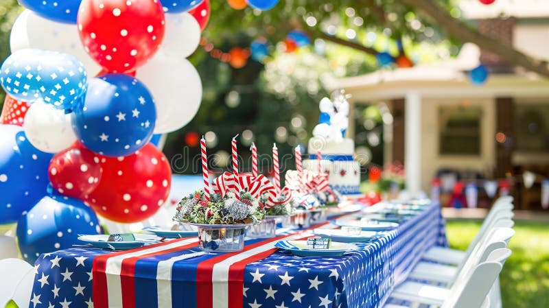Independence Day Party Setup with Flag Themed Tablecloth and Balloons ...
