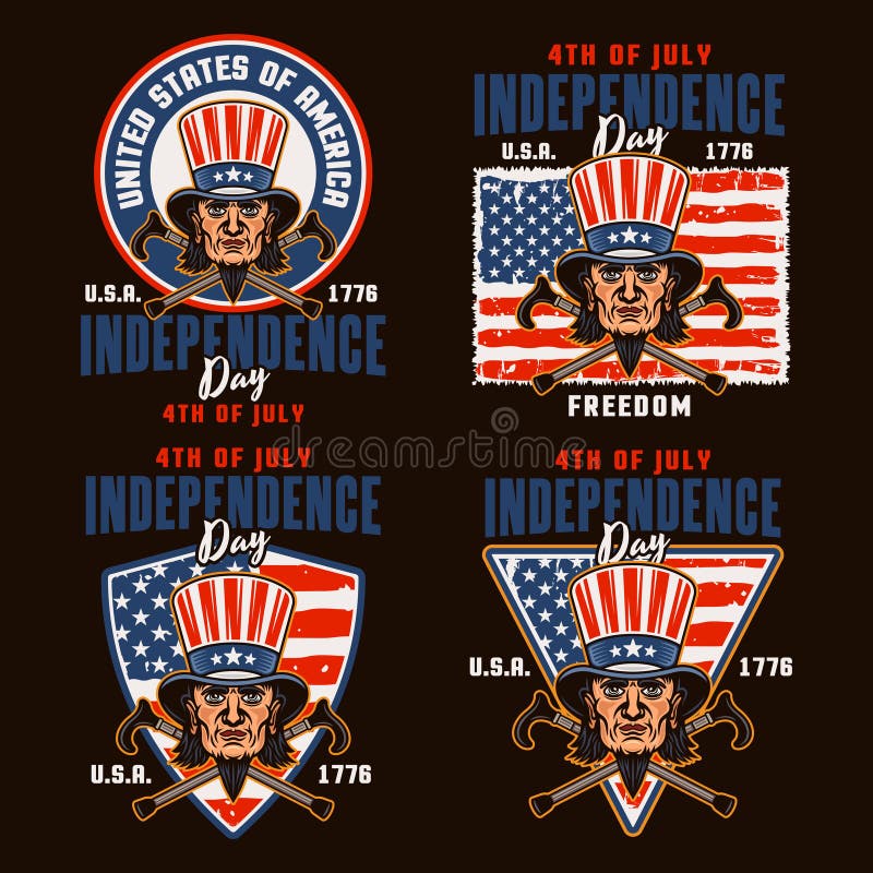 Independence Day of USA Set of Vector Emblems with Uncle Sam Head in ...