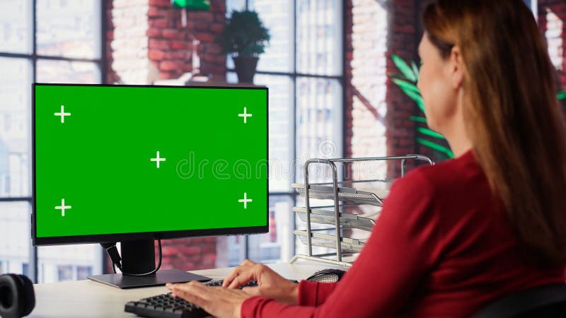Independent Person Using Computer with Green Screen for Remote Job ...