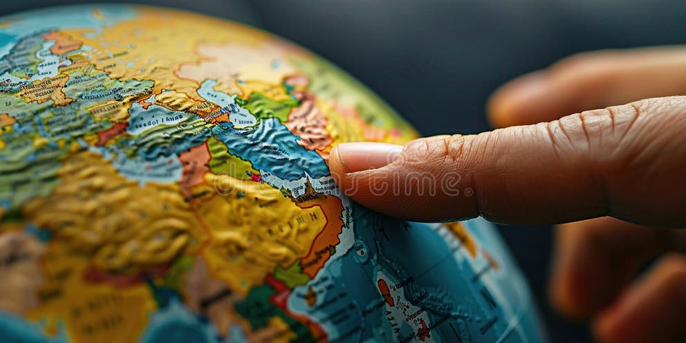 Index Finger Pointing at the Tiny Globe. Geography Concept Stock Image ...