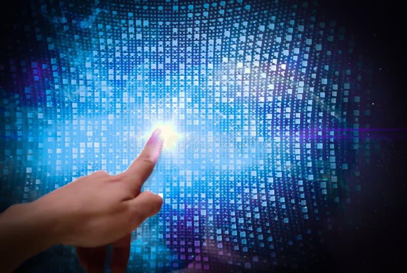 Index Finger Touches a Touch Screen and Creates Space Effects Stock ...