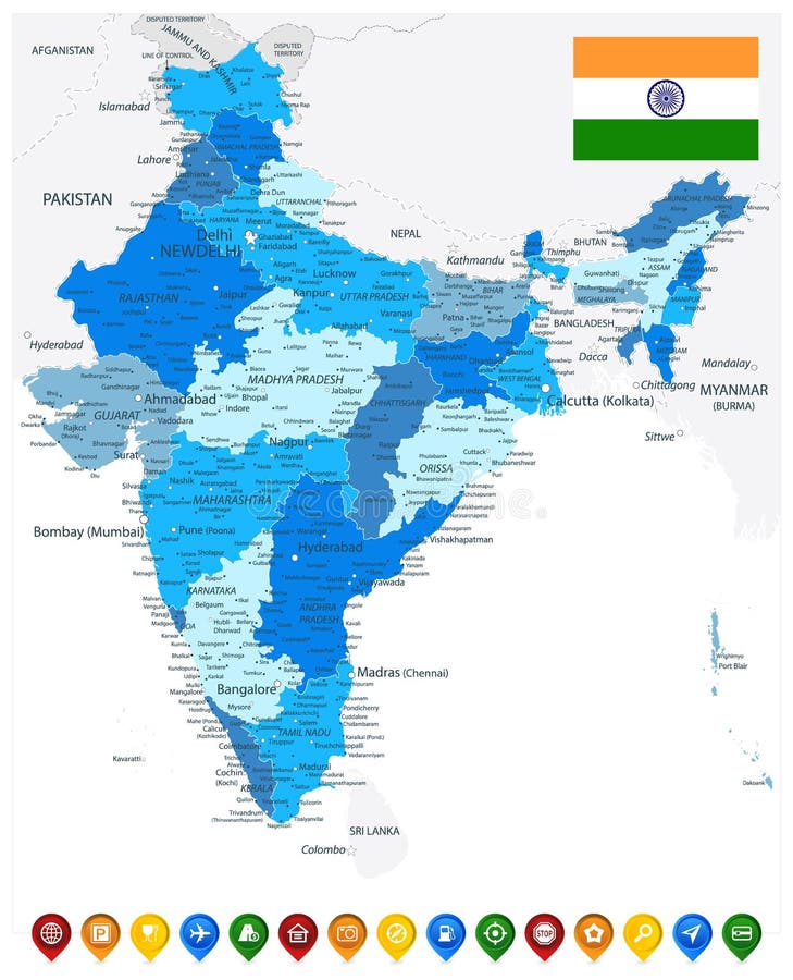 India Administrative Blue Map and Colored Map Icons Stock Illustration ...
