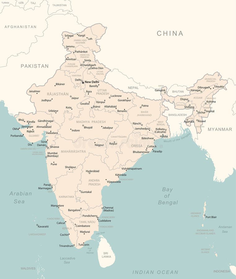 India - Detailed Country Outline and Location on World Map. Stock ...