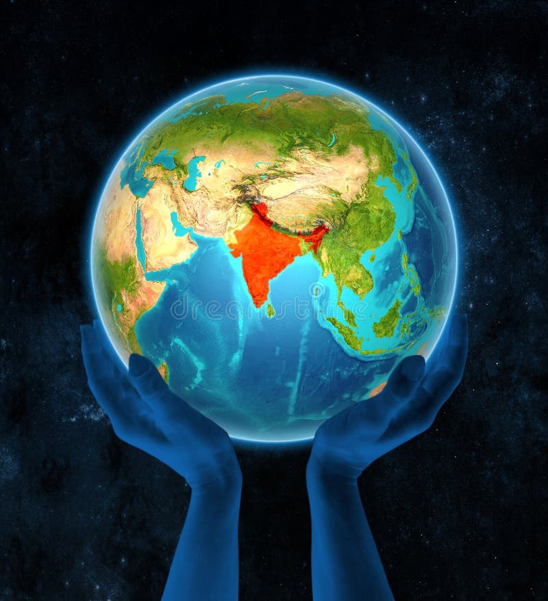 India on Earth in hands stock image. Image of sphere - 124419965