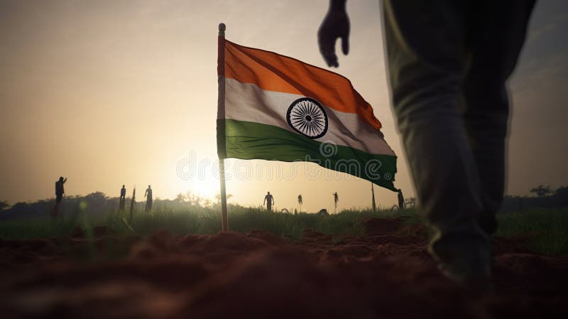 India Flag Being Pushed into the Ground by a Male Silhouette. 3D ...