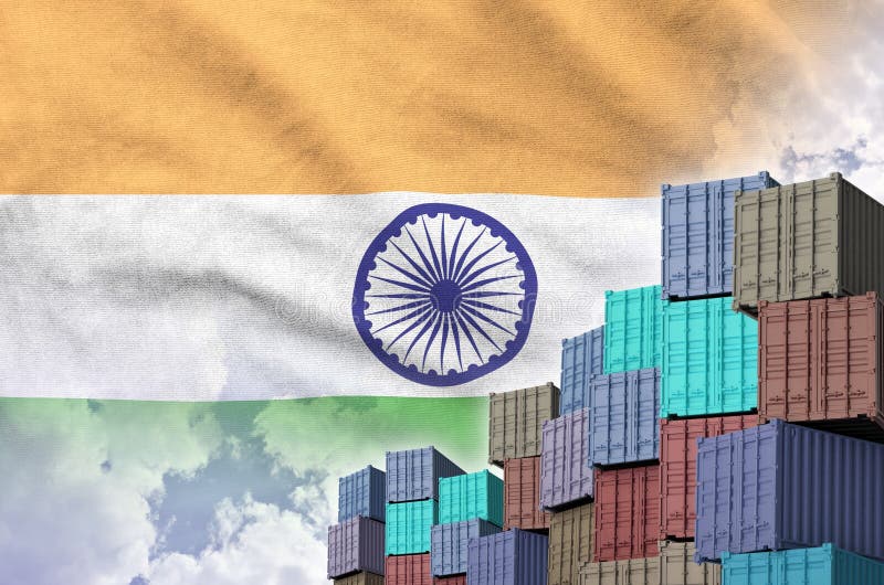India Flag Big Stack Shipping Cargo Containers Docks Sky Background ...