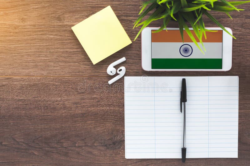 India Flag on Gadget, Wireless Headphones, Notebook for Writing New ...