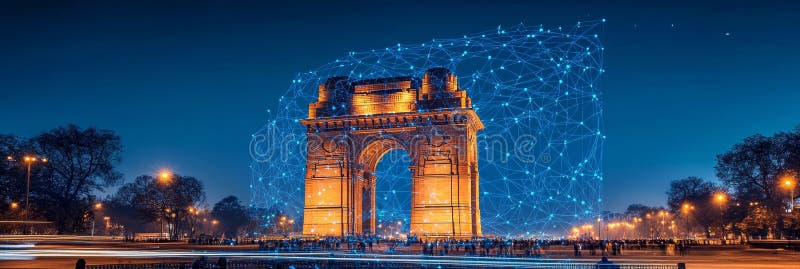 India Gate Connected in Futuristic Network Glow, New Delhi Monument ...