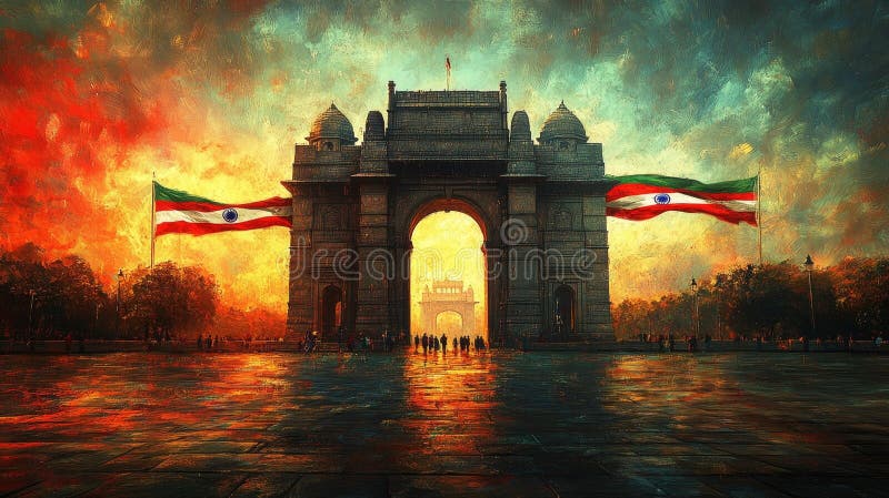 India Gate Monument Enhanced by Dramatic Sunset and Flags Stock ...