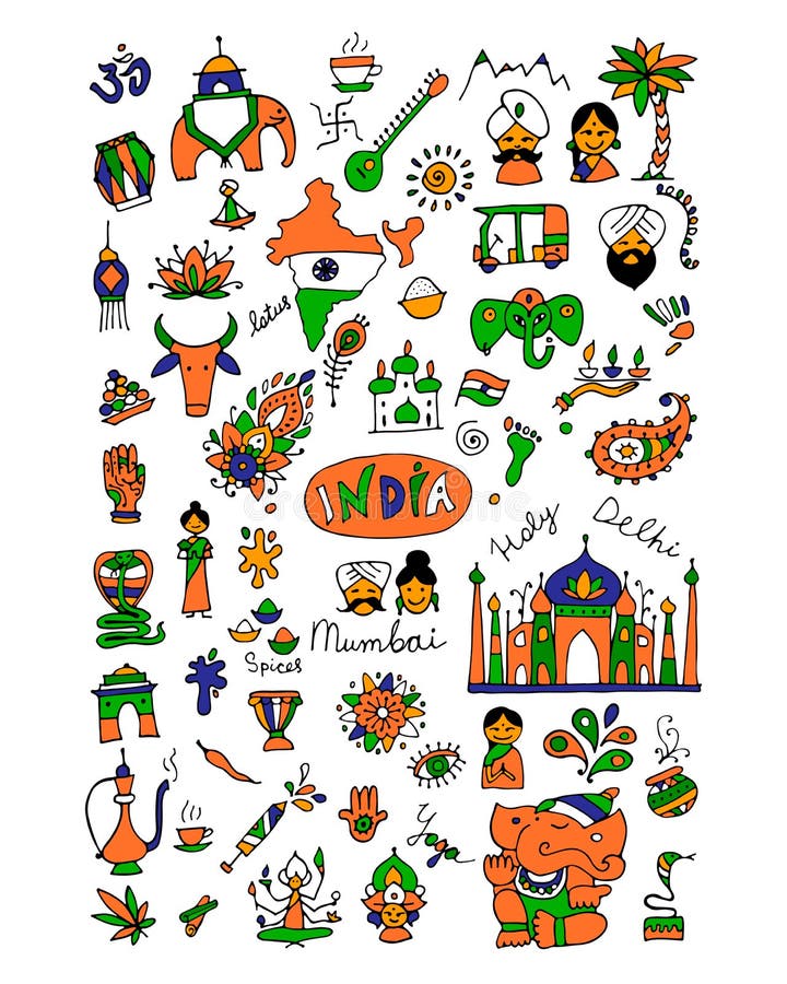 India, Icons Collection. Sketch for Your Design Stock Vector ...