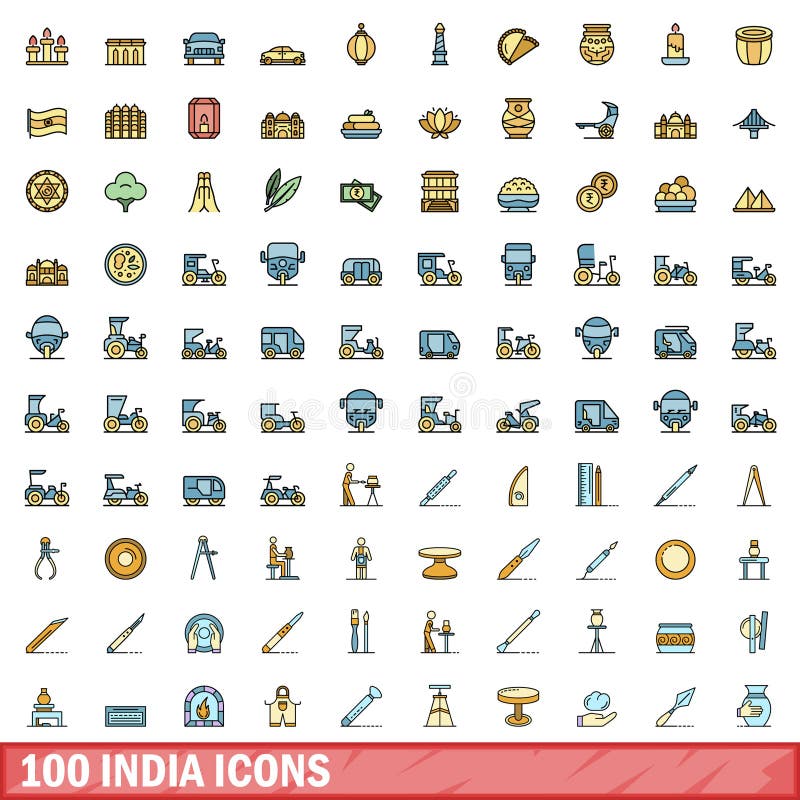 100 India Icons Set, Color Line Style Stock Vector - Illustration of ...