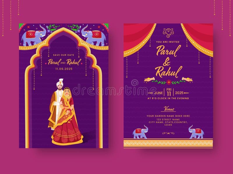 India Kitsch Style Wedding Invitation Card with Event Details in Front ...
