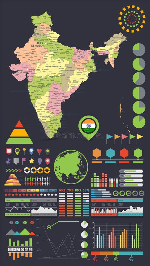 India Map and Infographics Design Elements. on Black Stock Vector ...