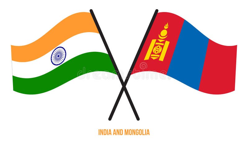 India And Mongolia Flags Crossed And Waving Flat Style Official